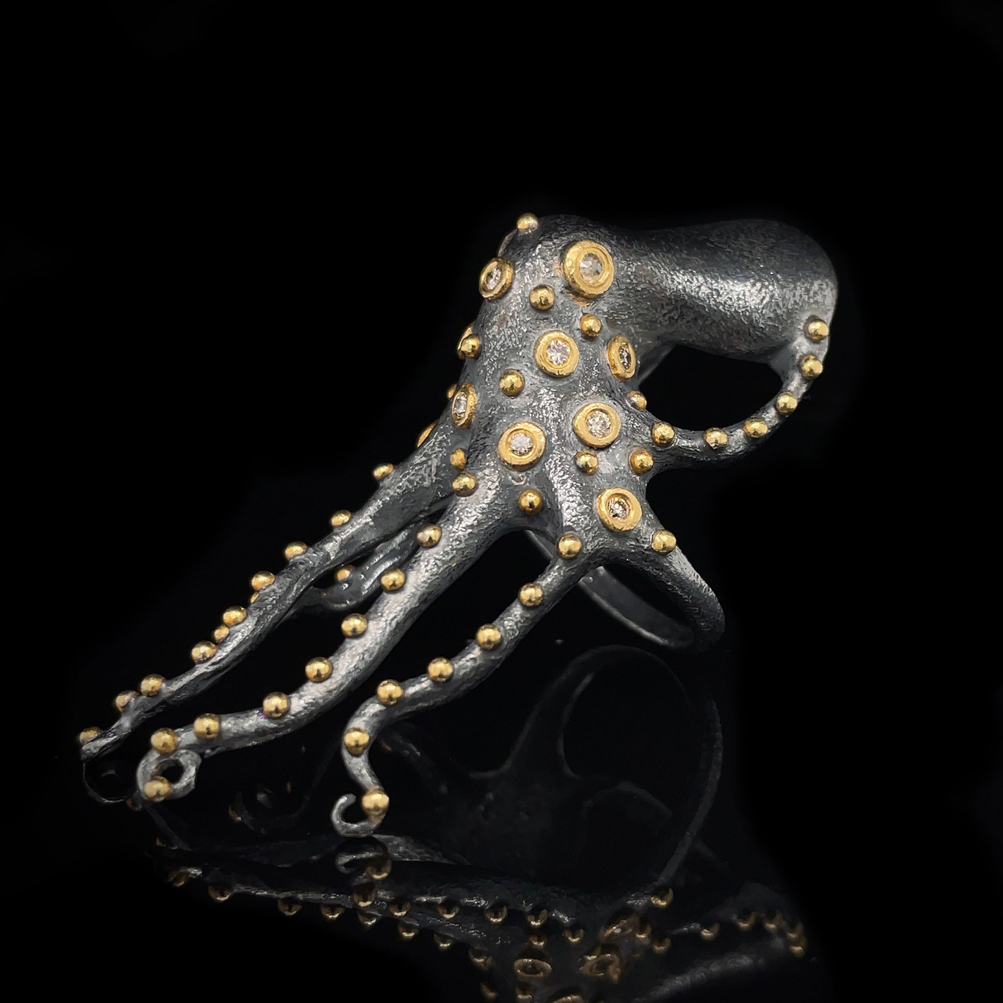 24K Gold & Silver Diamond Octopus Ring